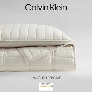 Calvin Klein Washed Percale Solid 3 Piece Quilt Set, Queen - Light Beige