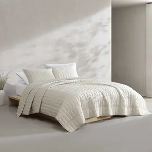 Calvin Klein Washed Percale Solid 3 Piece Quilt Set, Queen - Light Beige