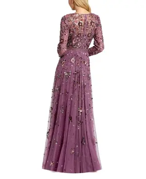 Mac Duggal Long Sleeve High Neck Beaded Gown