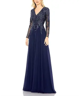 Mac Duggal Embroidered Illusion Long Sleeve V Neck Gown - Navy
