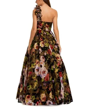 Mac Duggal Floral Print One-shoulder Ballgown