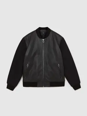 REISS Pearman Leather Contrast-sleeve Bomber Jacket - Black