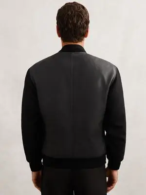 REISS Pearman Leather Contrast-sleeve Bomber Jacket - Black
