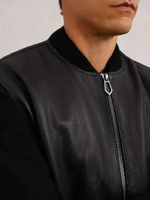 REISS Pearman Leather Contrast-sleeve Bomber Jacket