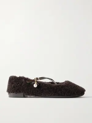 JIMMY CHOO Eleri Embellished Shearling Ballet Flats - Brown