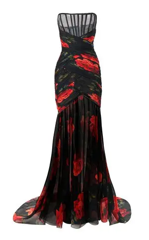 Carolina Herrera Strapless Rose-printed Gown - Black