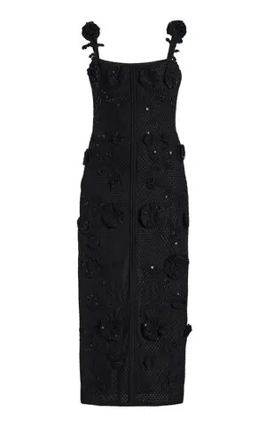 Carolina Herrera Crocheted Midi Dress With 3d Florals - Black