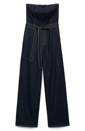 Mango Mono Strapless Tie-waist Denim Jumpsuit