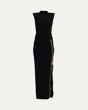 Balmain Mock-neck Sleeveless Gown With Zip Slit - Black