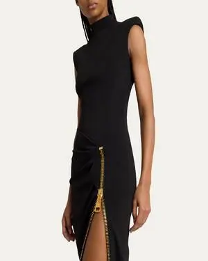 Balmain Mock-neck Sleeveless Gown With Zip Slit - Black