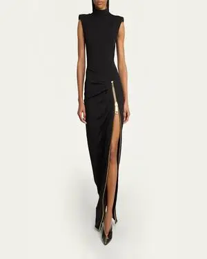 Balmain Mock-neck Sleeveless Gown With Zip Slit - Black