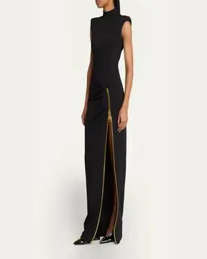 Balmain Mock-neck Sleeveless Gown With Zip Slit - Black