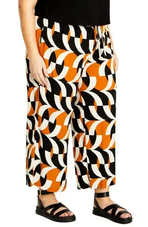 City Chic Printed Drawstring Wide Leg Ankle Pants - Black Print