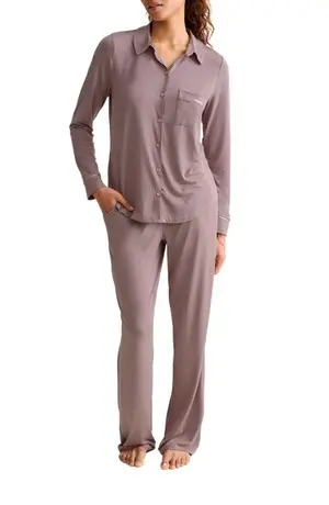 Fleur't Satin Trim Jersey Pajamas - Cappuccino