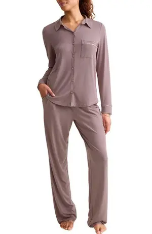 Fleur't Satin Trim Jersey Pajamas - Cappuccino