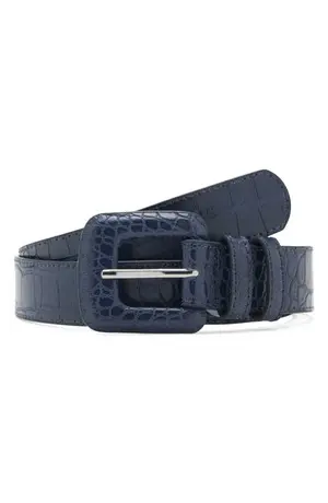 Mango Crocodile Print Faux Leather Belt Blue