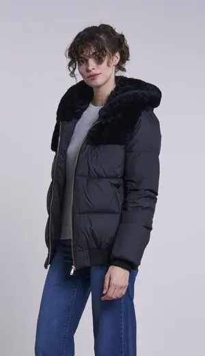 BLUE DUCK Down Jacket With Shearling Yoke - Black