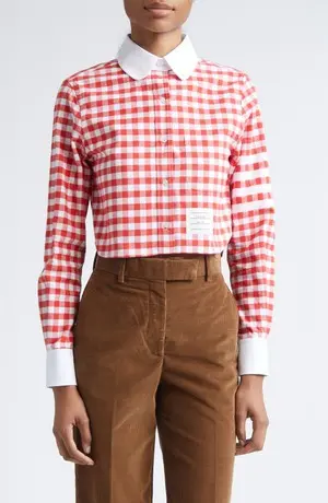 Thom Browne 4-bar Gingham Check Flannel Crop Shirt - Red