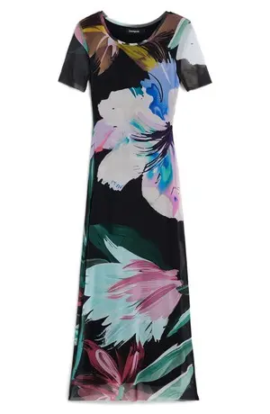 Desigual Floral Print Mesh Maxi Dress