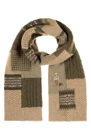 Polo Ralph Lauren Charles Bear Patchwork Wool Blend Scarf - Brown Multi
