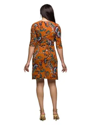 24SEVEN COMFORT APPAREL Elbow Sleeve Ruched Tulip Print Mini Dress - Orange Multi