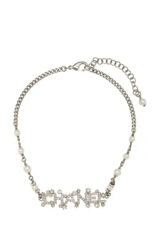 Chanel Crystal & Faux Pearl Logo Choker - Silver