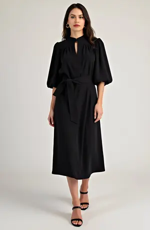 MODENAIRE Puff Sleeve Midi Dress With Belt - Black