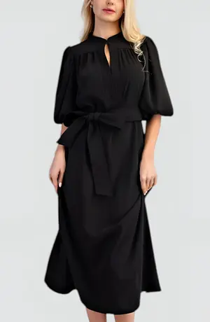 MODENAIRE Puff Sleeve Midi Dress With Belt
