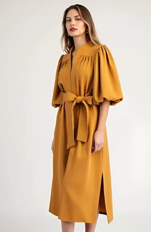 MODENAIRE Puff Sleeve Midi Dress With Belt