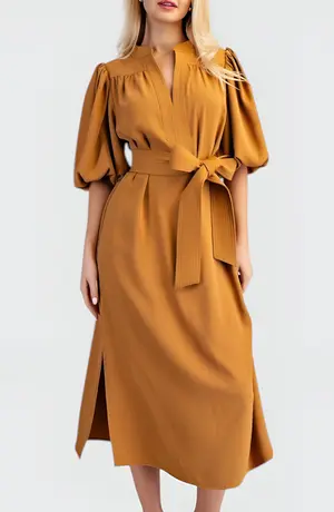 MODENAIRE Puff Sleeve Midi Dress With Belt