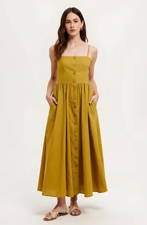 MODENAIRE Button Front Midi Dress With Pockets - Mustard Yellow