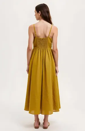MODENAIRE Button Front Midi Dress With Pockets - Mustard Yellow