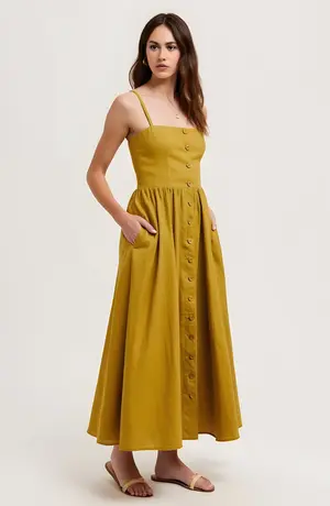 MODENAIRE Button Front Midi Dress With Pockets - Mustard Yellow