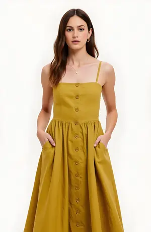 MODENAIRE Button Front Midi Dress With Pockets - Mustard Yellow