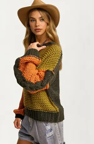 KNIT & LOUNGE Chunky Knit Color Block Pullover Sweater