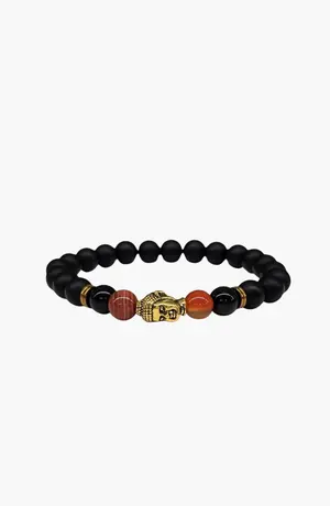 HUMANIST BEAUTY Beaded Buddha Obsidian Bracelet - Carnelian/gold Tone