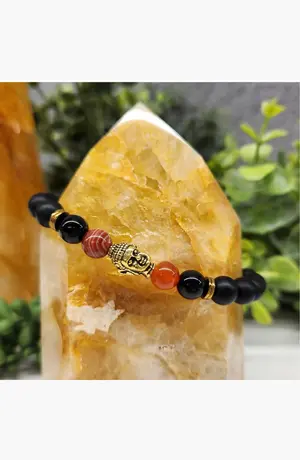 HUMANIST BEAUTY Beaded Buddha Obsidian Bracelet - Carnelian/gold Tone