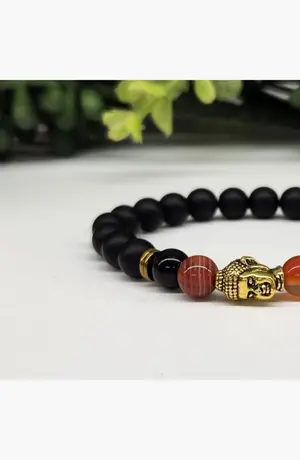 HUMANIST BEAUTY Beaded Buddha Obsidian Bracelet - Carnelian/gold Tone