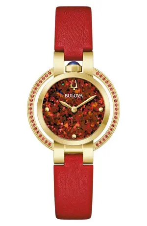 Bulova Rubaiyat Synthetic Fire Opal Leather Strap Watch - Red