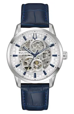 Bulova Sutton Skeleton Automatic Leather Strap Watch - Blue