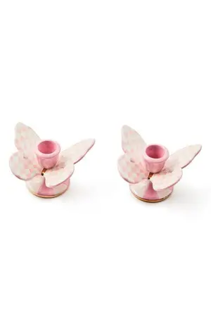 MACKENZIE-CHILDS Check Set Of 2 Butterfly Candleholders - Rosy
