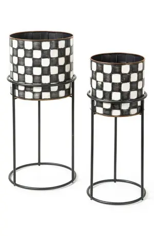 MACKENZIE-CHILDS Check It Out Set Of 2 Planters & Stands - Black