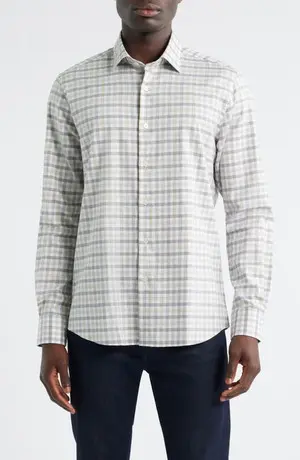 Scott Barber Regular Fit Check Mélange Cotton Gingham Button-up Shirt - Khaki