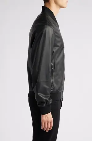 Emporio Armani Leather Bomber Jacket - Solid Black