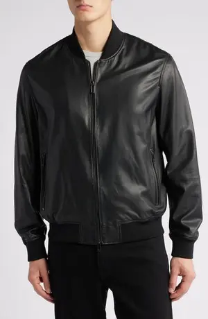 Emporio Armani Leather Bomber Jacket - Solid Black