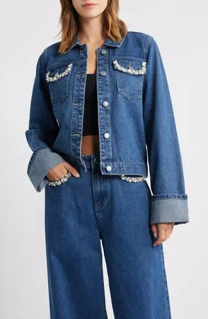 PTCL Rhinestone Detail Denim Trucker Jacket - Rinse Wash