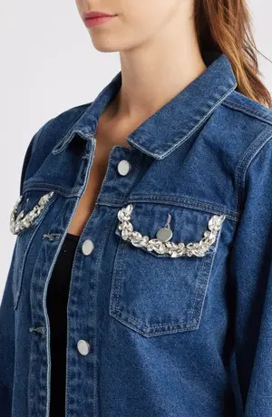 PTCL Rhinestone Detail Denim Trucker Jacket