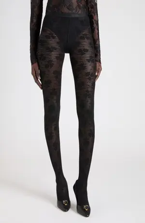 Valentino Garavani Sheer Floral Lace Tights - Black