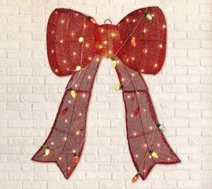GLITZHOME 35' Christmas Red Fabric Bow Lighted Utdoor Decor - One-color