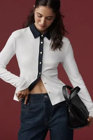 Rag & Bone Knit Contrast Polo Top - White